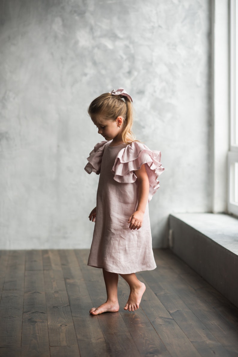 Sky Blue Melange Girls Linen Dress With Flutter Sleeve - Etsy