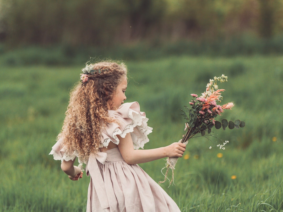 Champagne Linen Flower Girl Dress: Rustic Boho Lace Sundress - Etsy