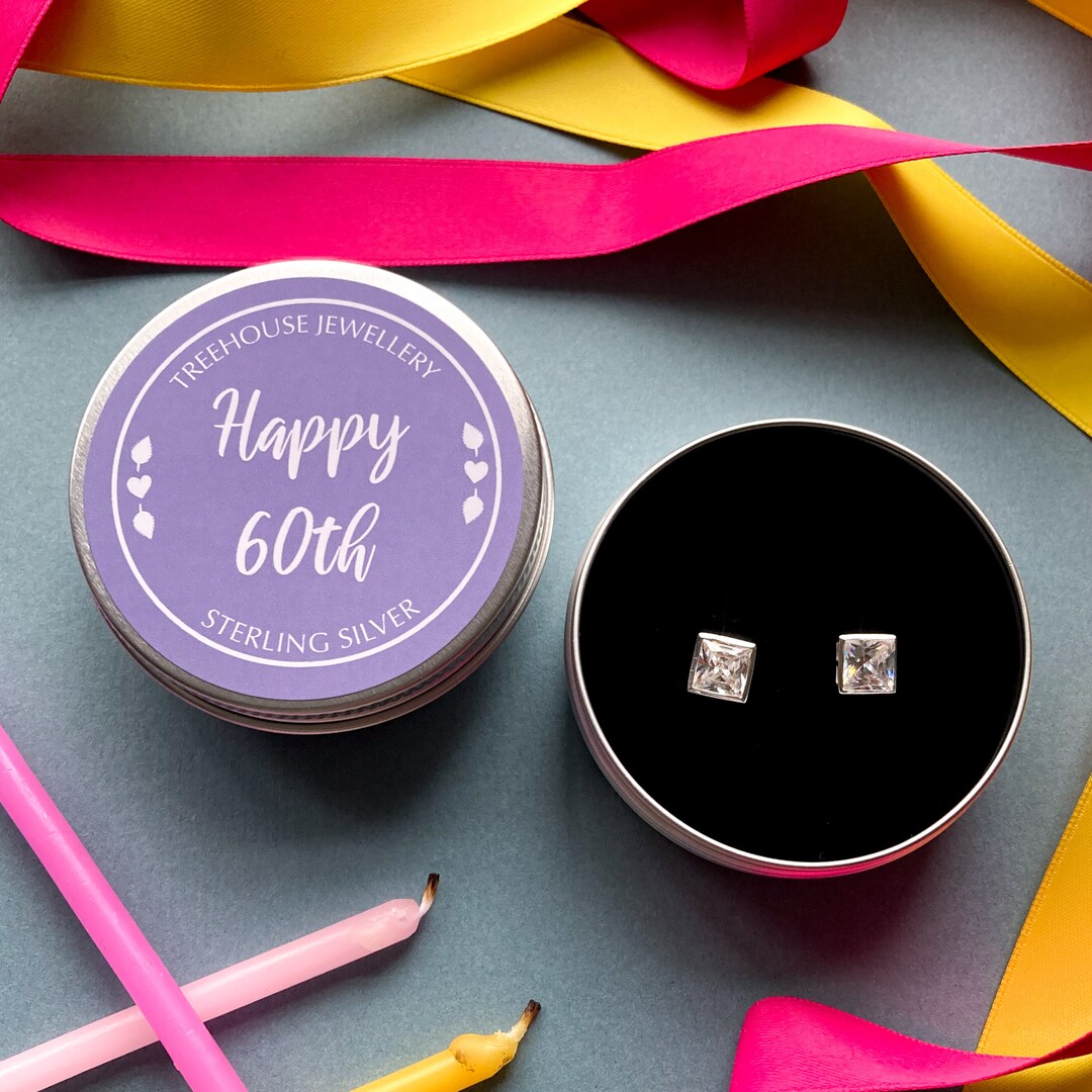 60th Birthday Sterling Silver Square Cubic Zirconia Earrings in a ...