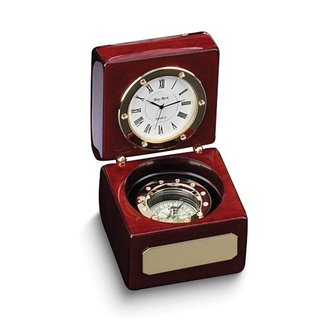 Rosewood Finish Wood Box With Compass and Clock and Engraving - Etsy