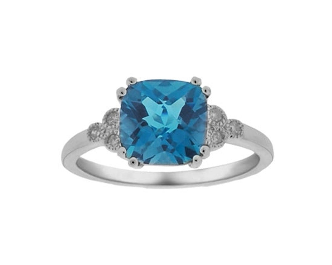 10K White Gold 8mm Cushion Cut London Blue Topaz and 0.06cttw Diamond ...