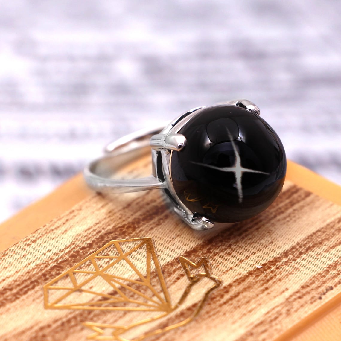 Black Star Sapphire Ring Black Stone Ring Round Diopside - Etsy