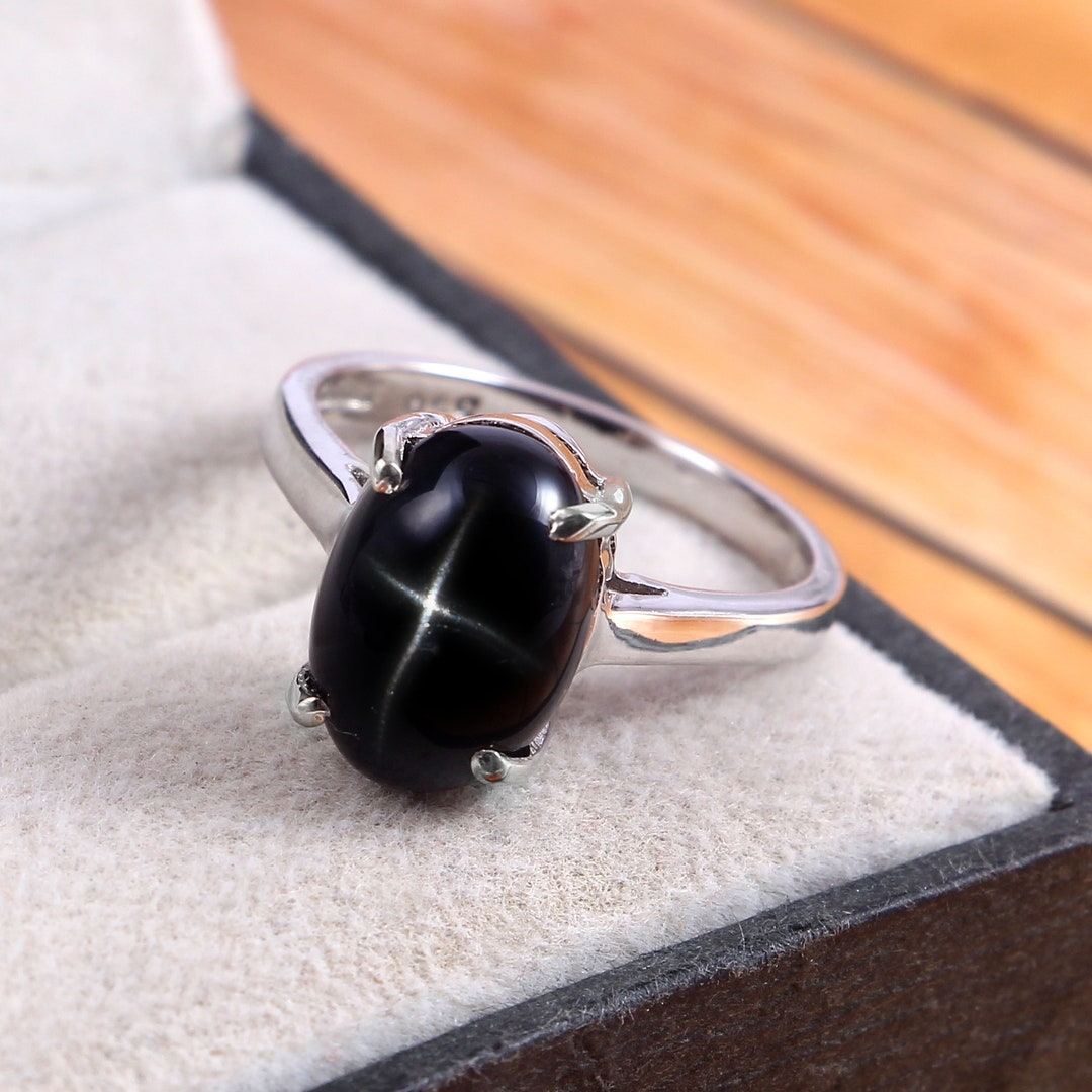 Black Star Sapphire Ring, Black Diopside Ring, Delicate Stacking Ring ...