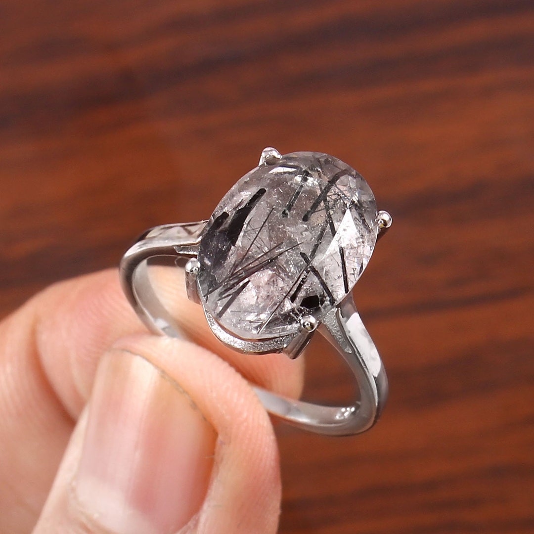 Black Rutile Quartz Solitaire Ring, Dainty Statement Ring, Black ...