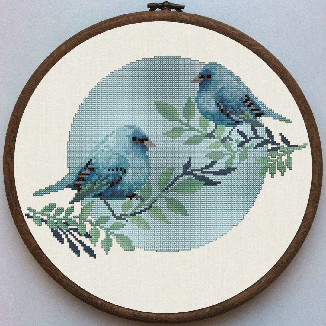 Birds cross stitch pattern PDF: blue birds on tree branches | Etsy