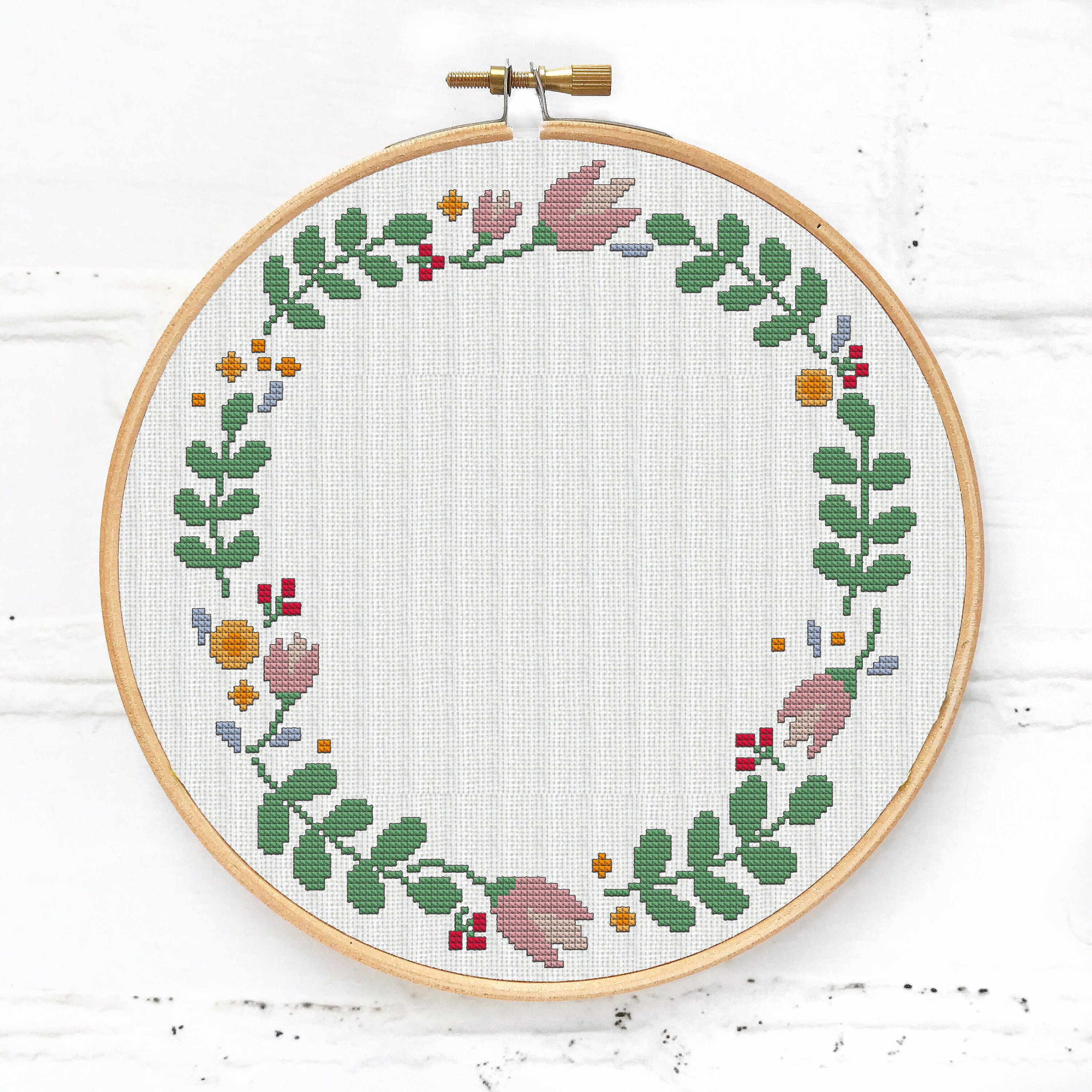Floral wreath cross stitch pattern PDF: green leaves rose | Etsy