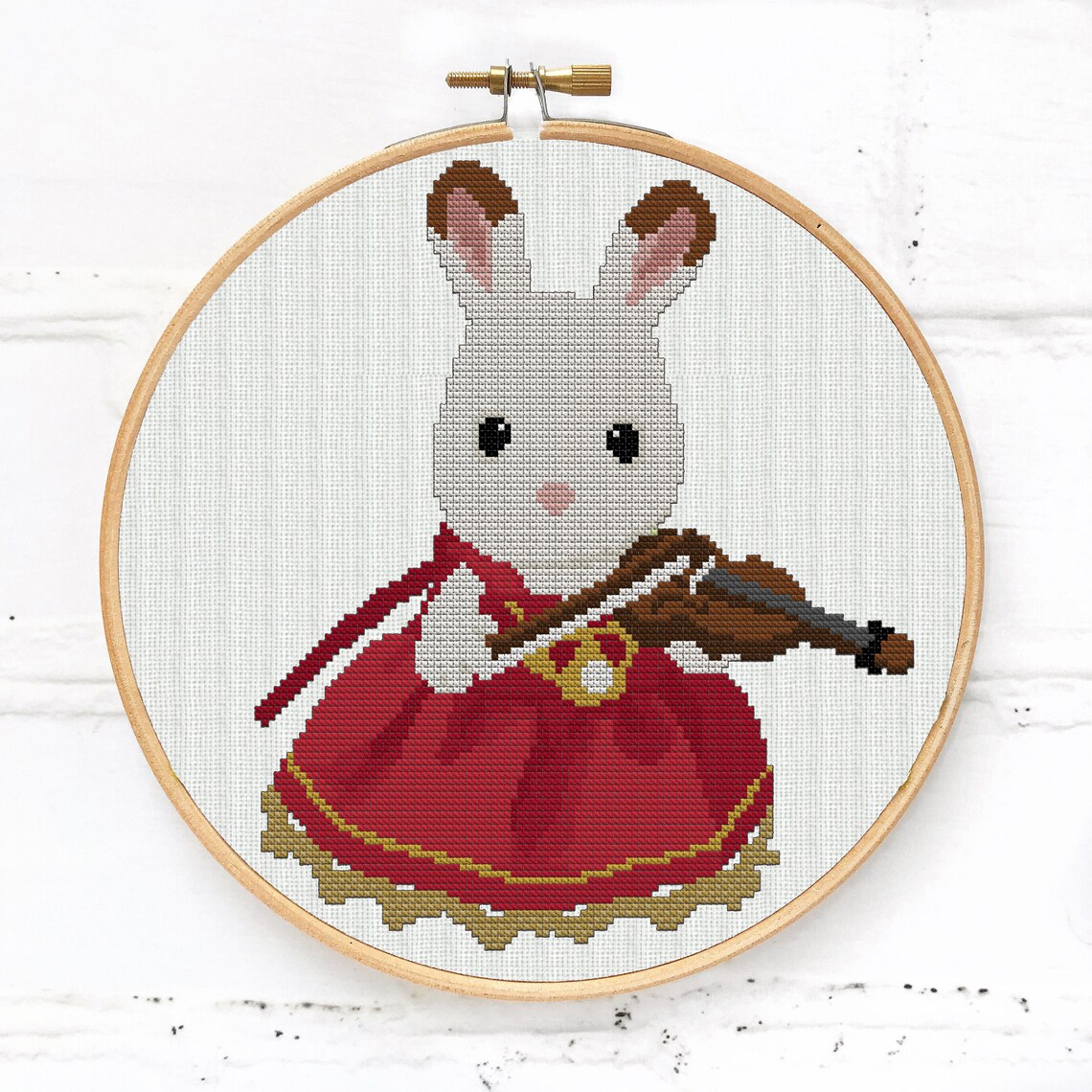 Rabbit in red dress with violin cross stitch pattern cute | Etsy