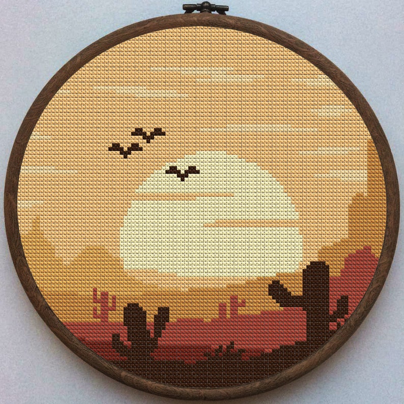 Mexican desert sunrise cross stitch pattern with cacti | Etsy