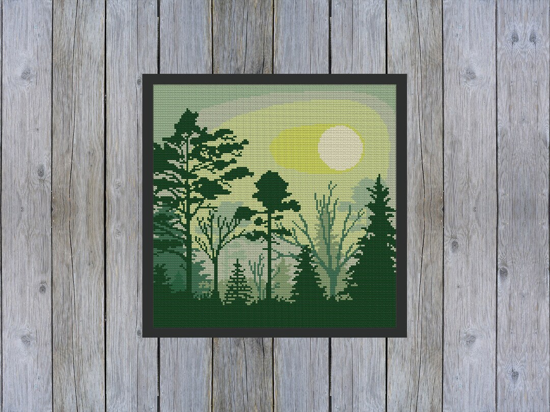 Green Forest Cross Stitch Pattern With Pines, Floral Cross Stitch ...