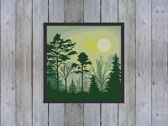 Green Forest Cross Stitch Pattern With Pines Floral Cross | Etsy