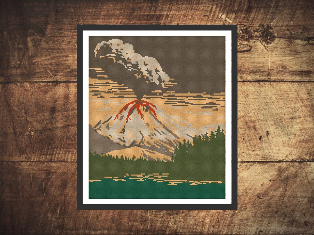 Volcano Landscape Cross Stitch Pattern, Mountain Lake Embroidery (PDF ...