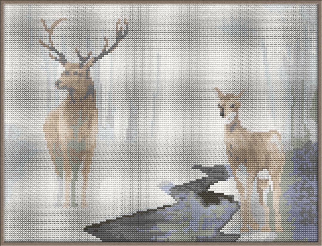 Deer Xstitch Pattern: Winter Misty Forest Landscape With Deers Cross ...
