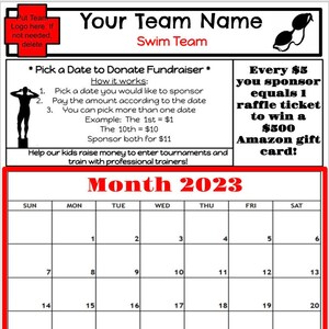 Swim Team Fundraiser Digital Pick a Date to Donate Calendar - Etsy