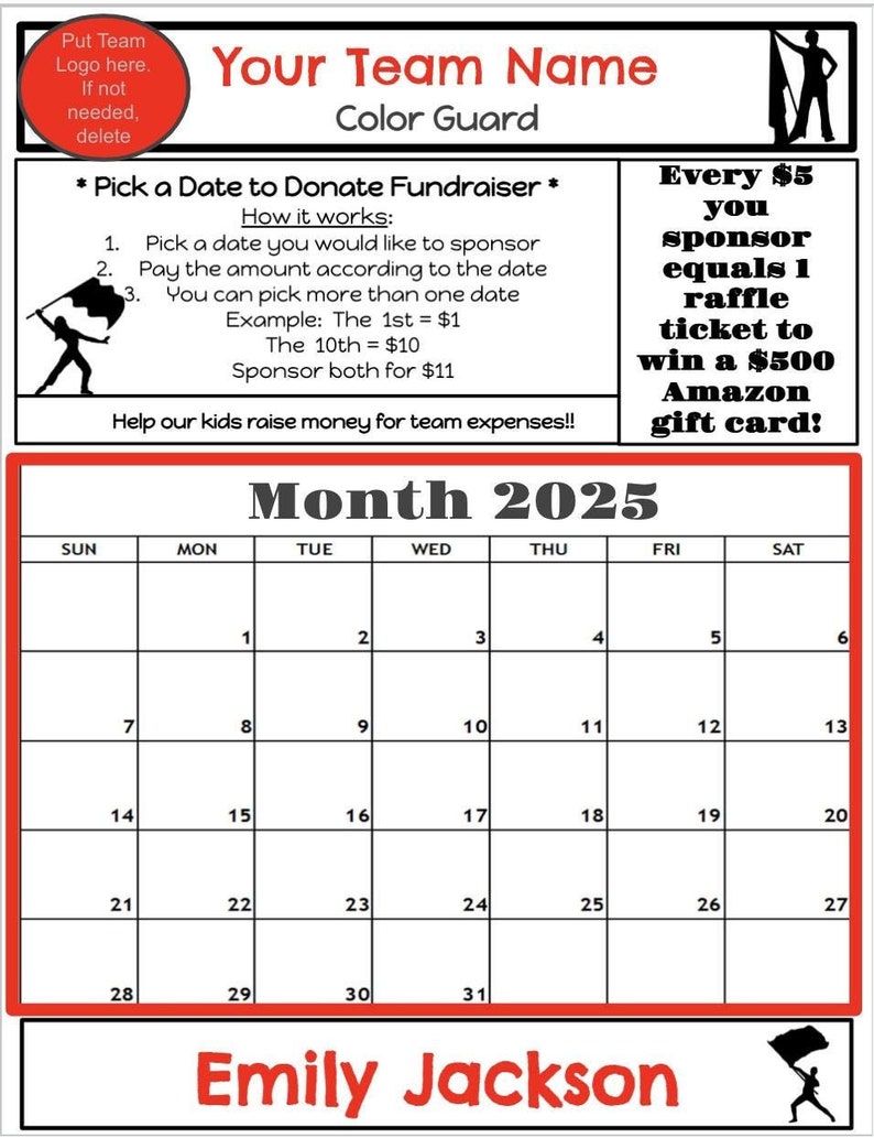 Color Guard Fundraiser Digital Pick a Date to Donate Calendar - Etsy