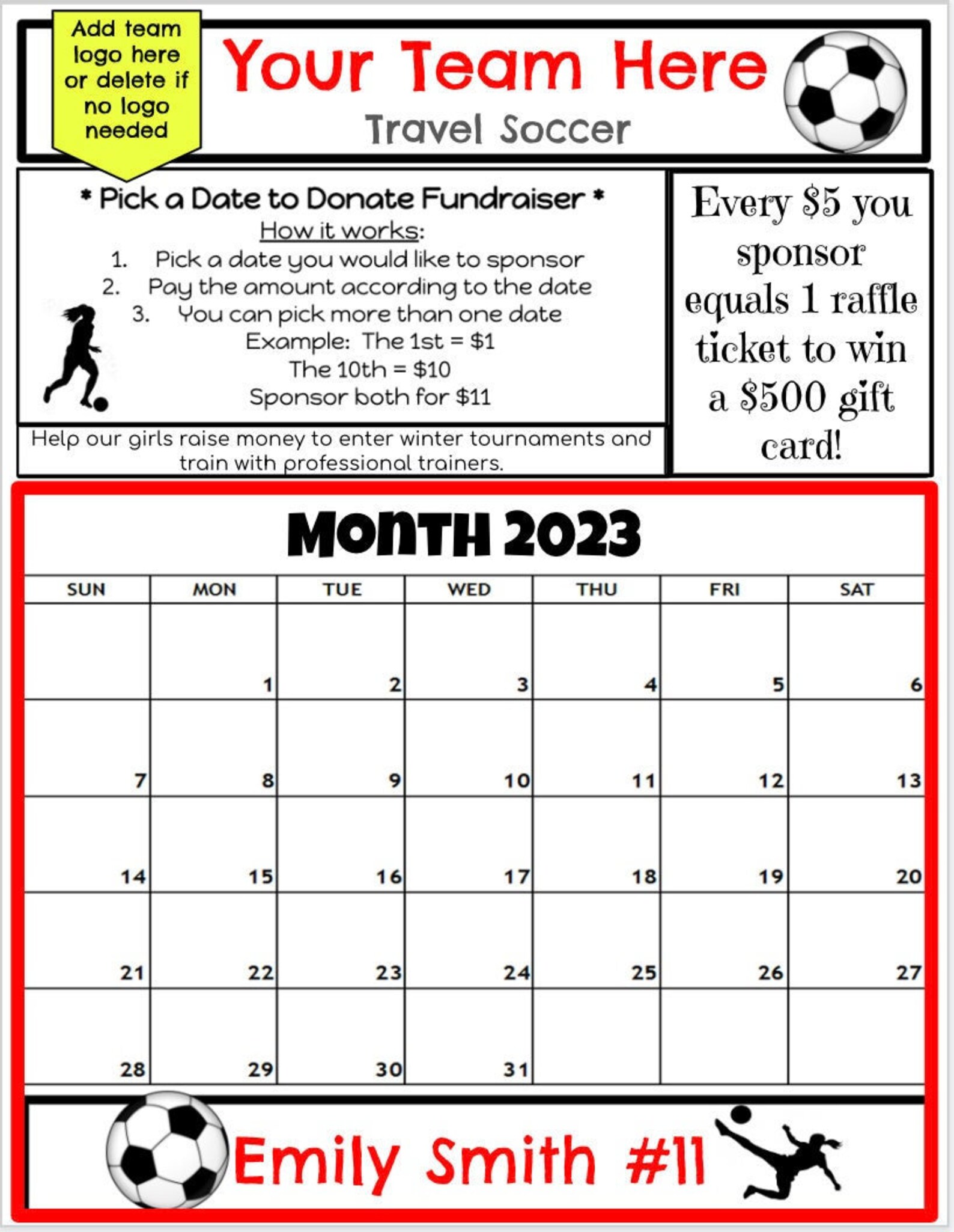 Soccer Girls Digital Pick a Date to Donate Fundraising Team Calendar - Etsy