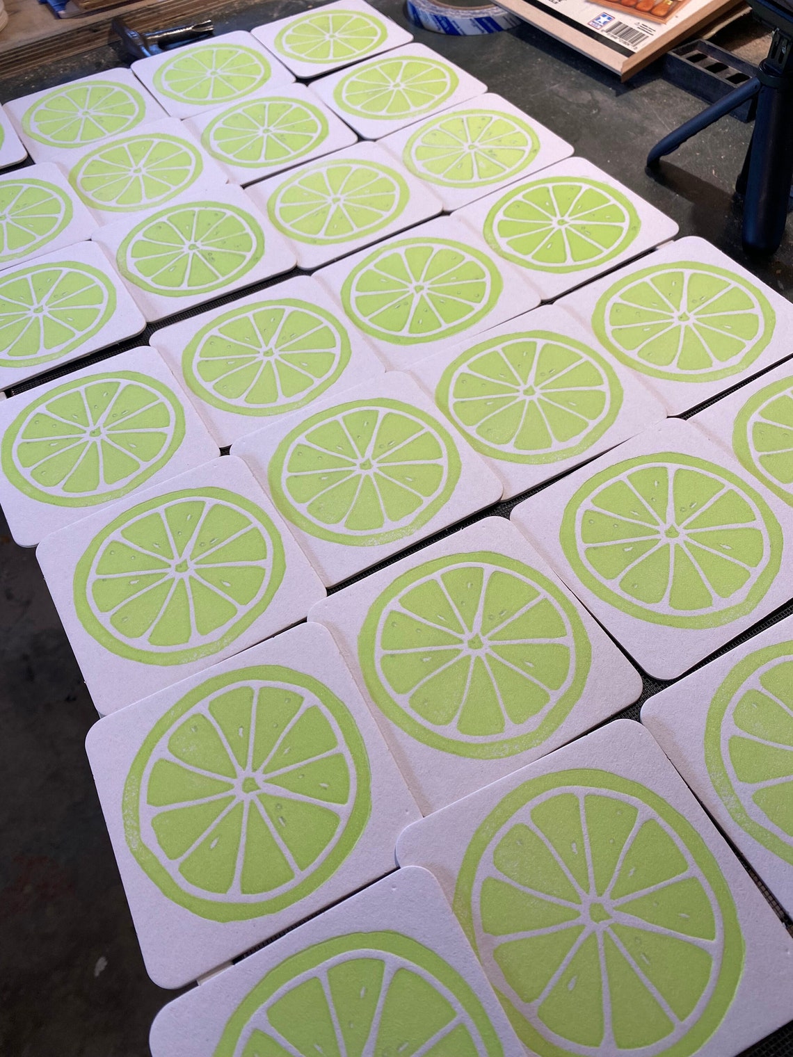 Lime Letterpress Paper Coasters / Hand Made Gift / Citrus Decor / Lime ...