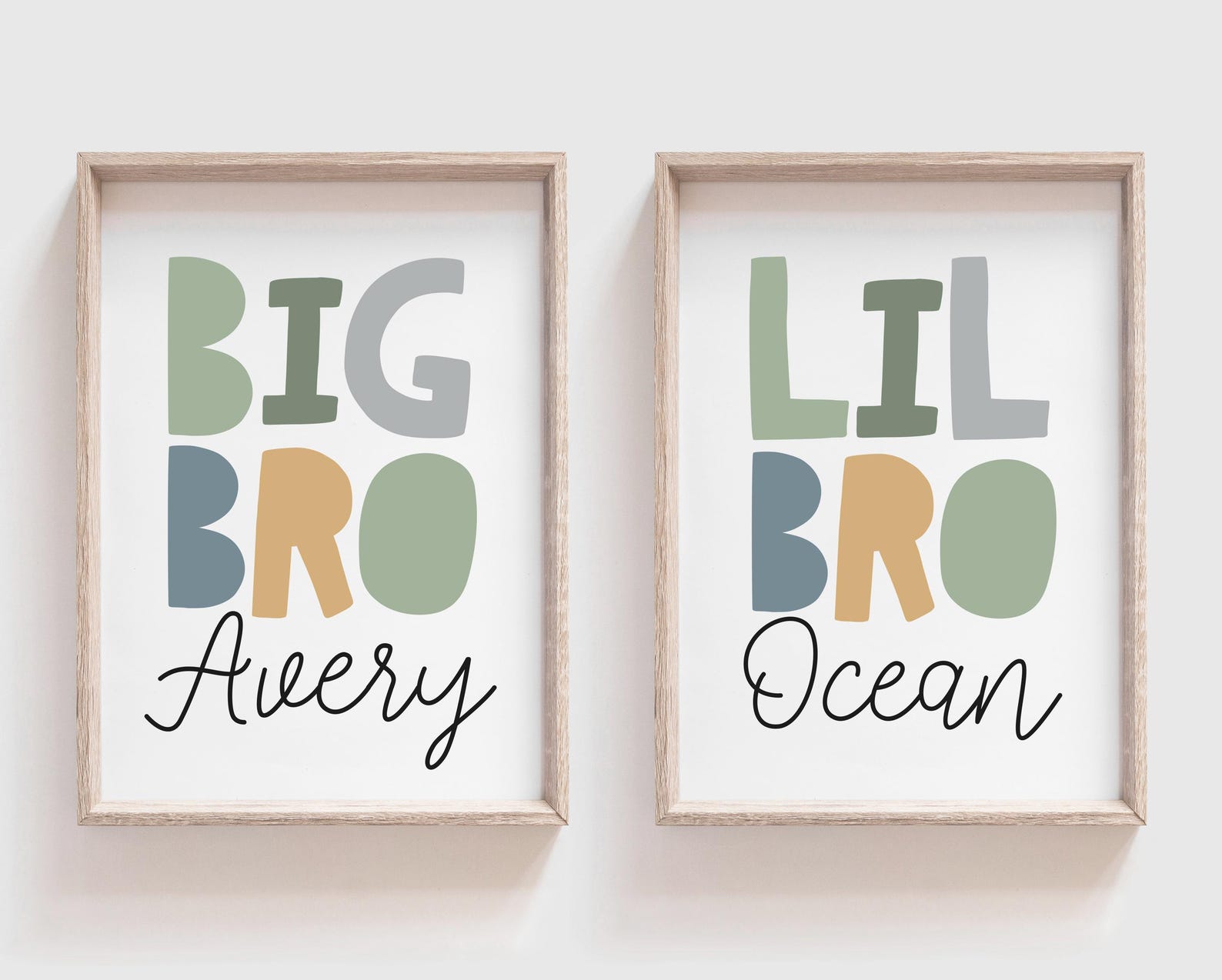 Set of 2 Big Bro Lil Bro Prints, Personalised Boys Bedroom Decor, Sage ...