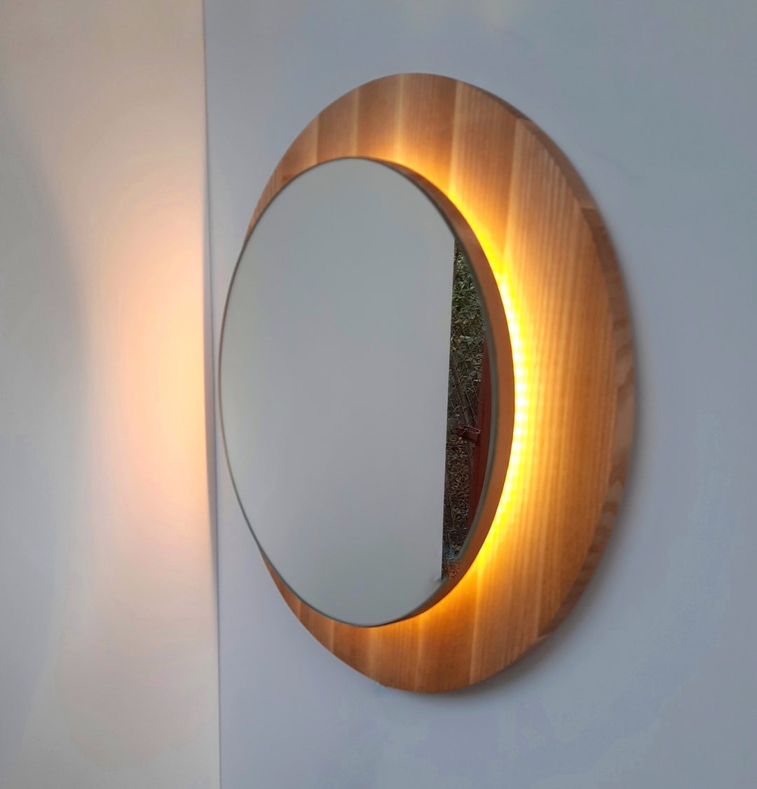 Backlit Mirror Circular Wall Mirror With Lights Round Wood Wall Led ...