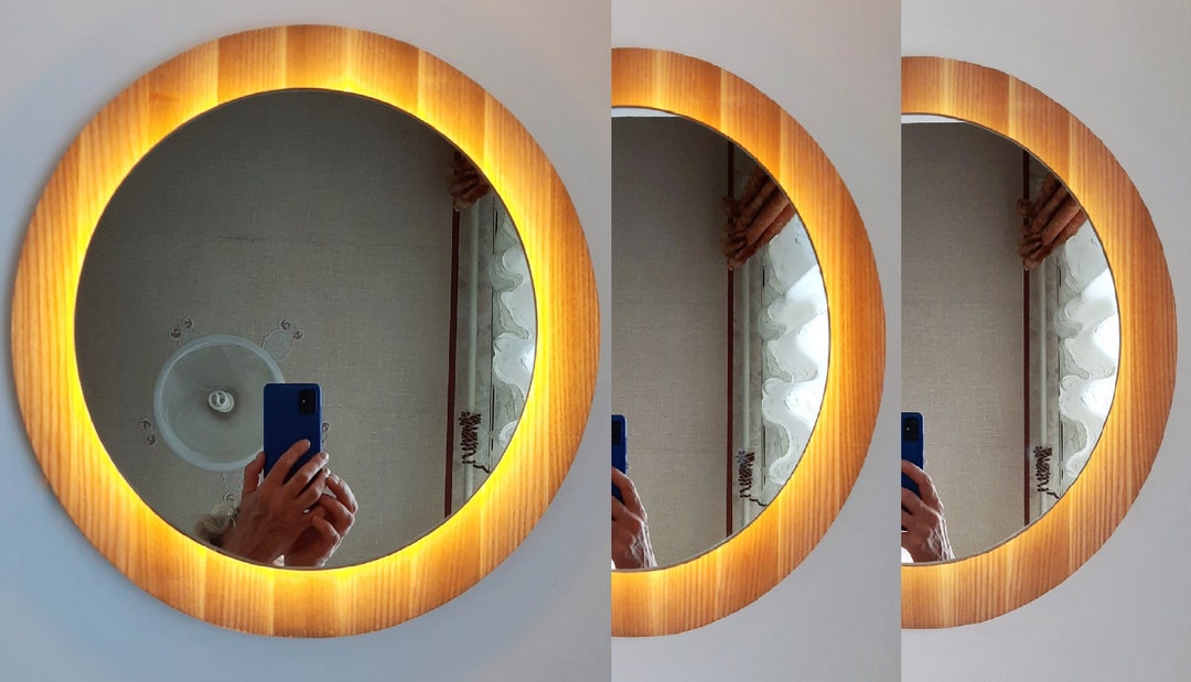 Round LED Mirror Wood Circle Mirror With Lights Aesthetic Mirror ...