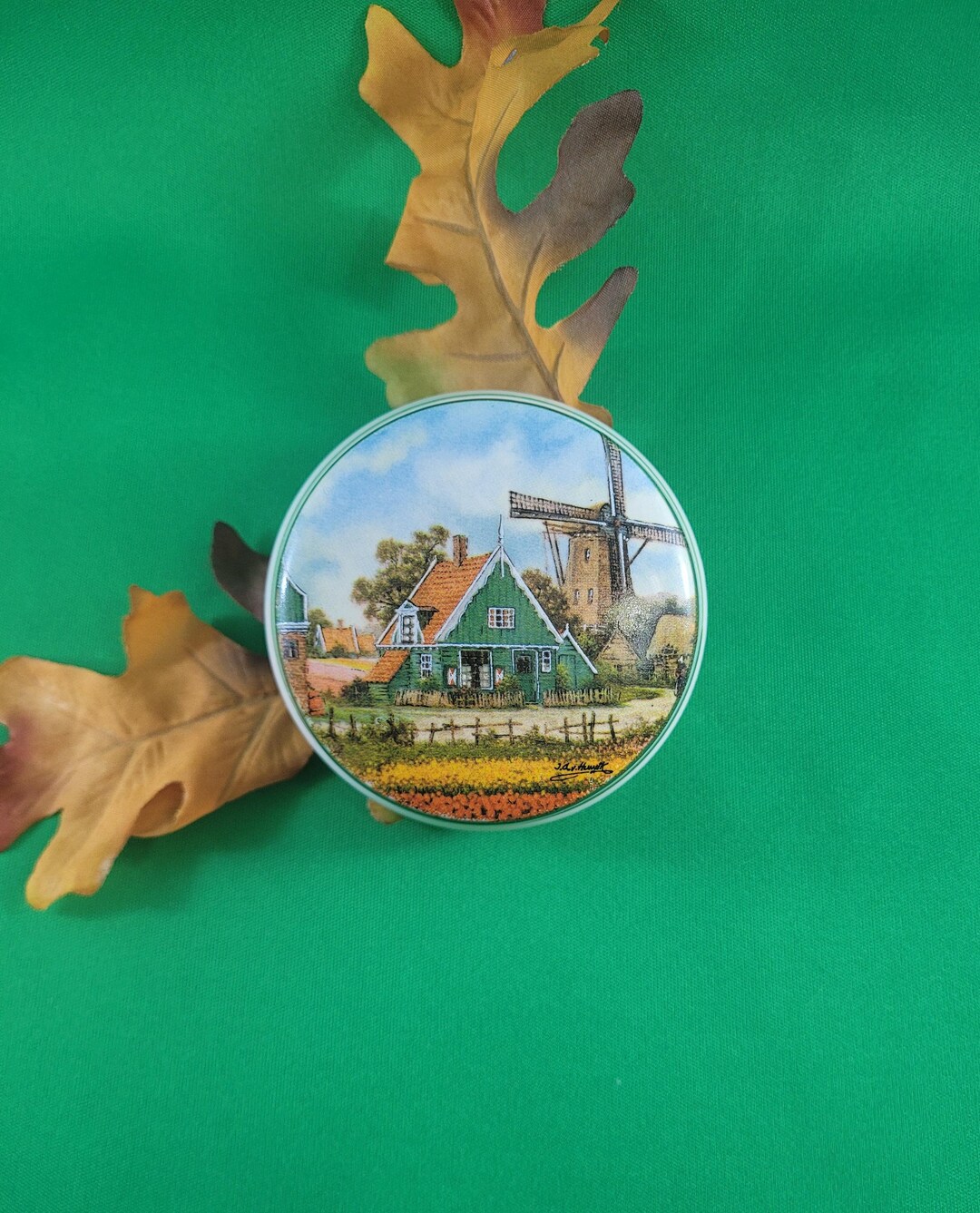Charming, JC Van Hunnik Delftware Lidded Trinket Pot, Pastoral Windmill ...