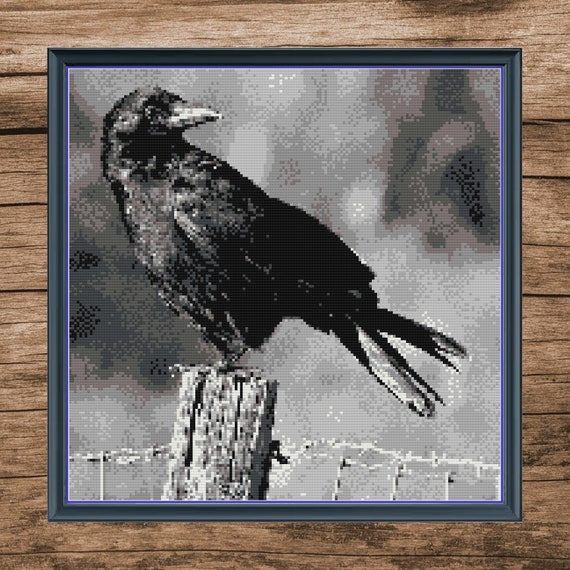 Monochrome crow cross stitch pattern PDF crow cross stitch | Etsy