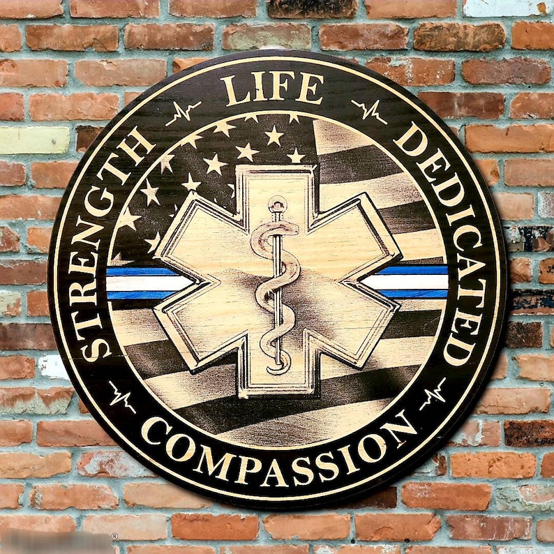 EMS Wood Sign Red Line Fireman Signs Laser Etched - Etsy