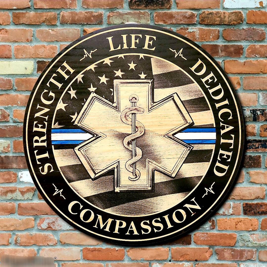 EMS Wood Sign Red Line Fireman Signs Laser Etched - Etsy