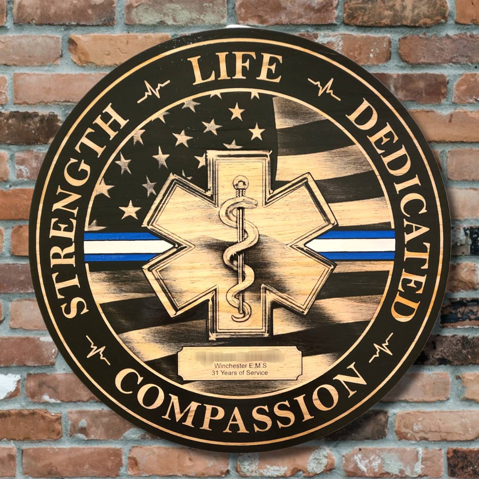 EMS Wood Sign Red Line Fireman Signs Laser Etched - Etsy