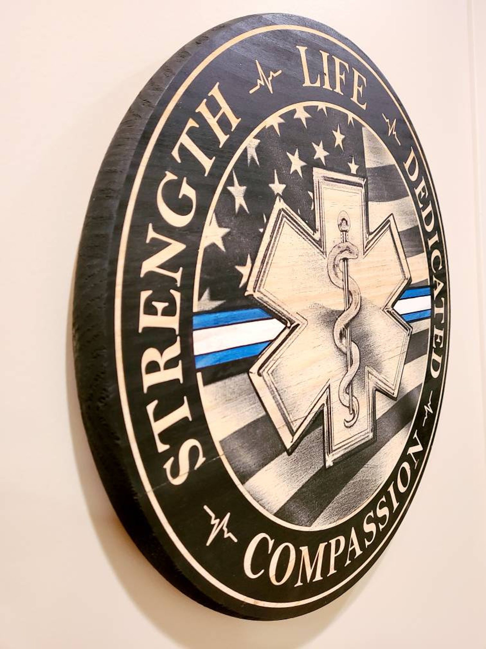 EMS Wood Sign Red Line Fireman Signs Laser Etched - Etsy