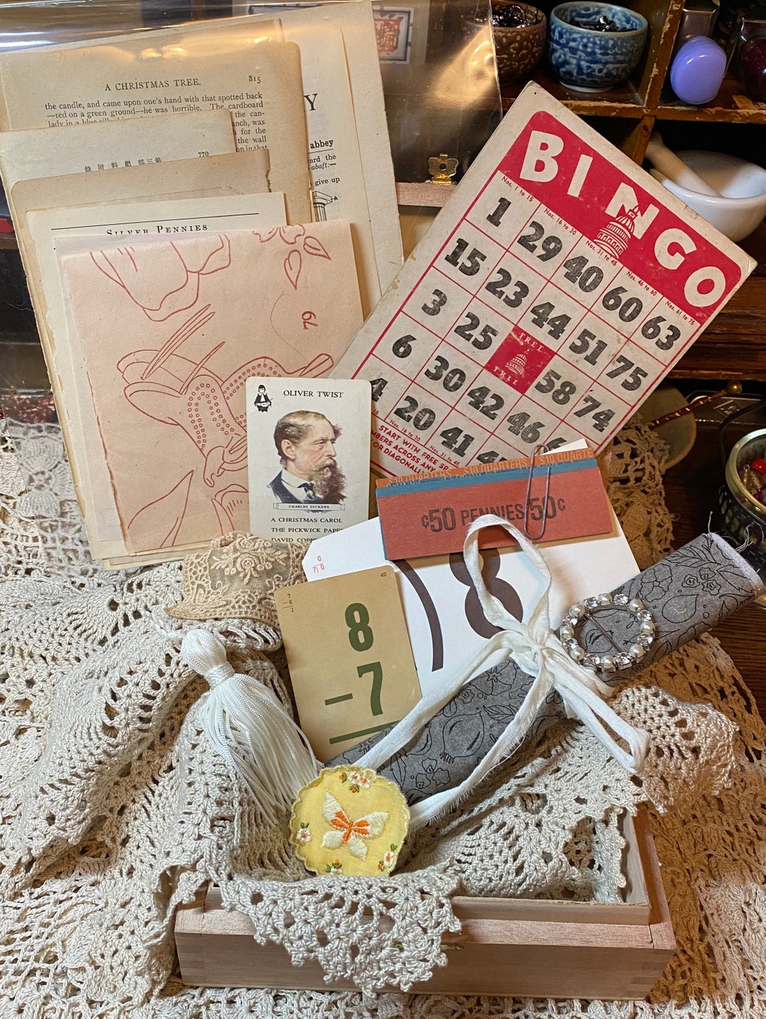 Junk Journal Supplies Wooden Cigar Box Goodies- Vintage Fabric and Lace ...