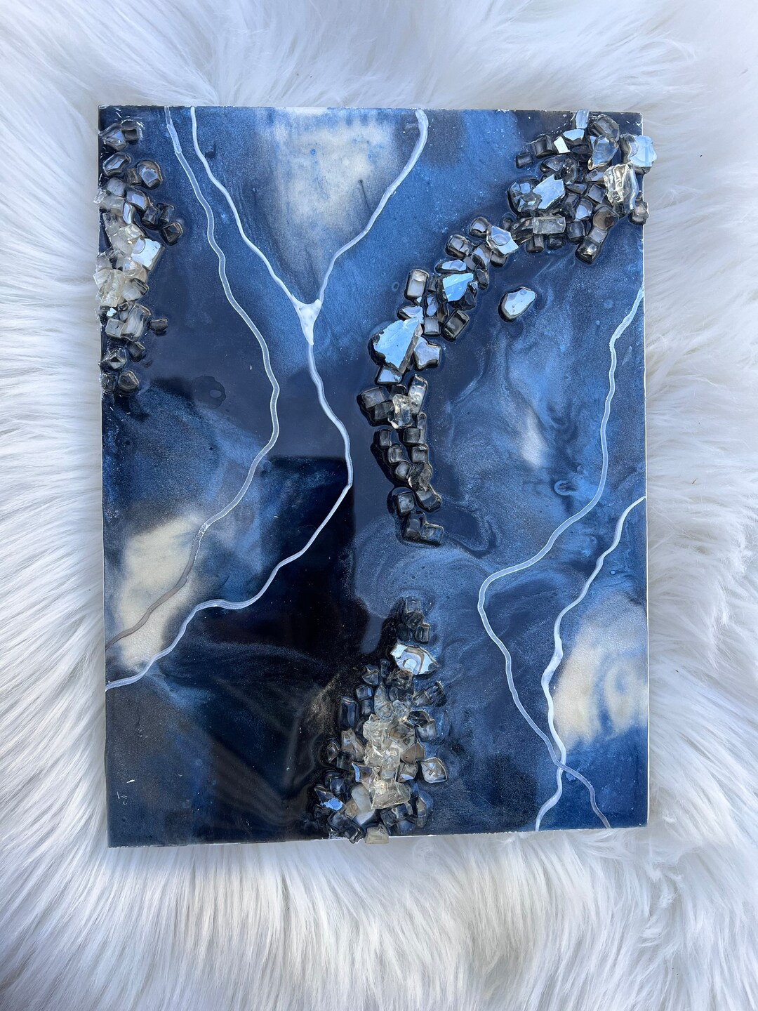 Geode Resin Crystal Art / Blue Calcite and Grey Black Tones - Etsy