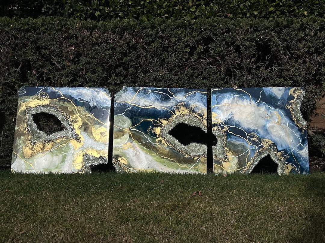 Large Multi Panel Geode Wall Art Blue Green and Gold, Gemstones, 30in ...