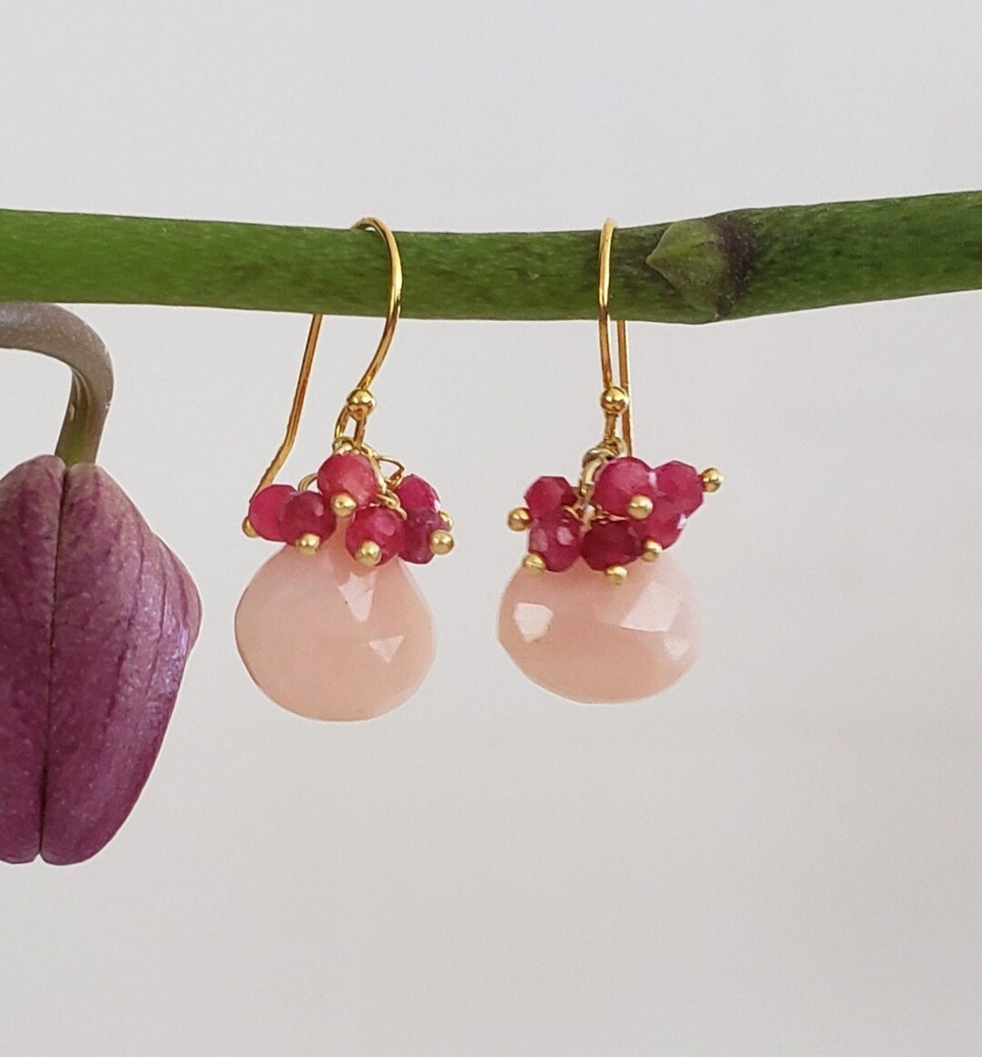 Pink Opal Earrings, Natural Ruby Cluster Earrings, 24K Gold Plated ...