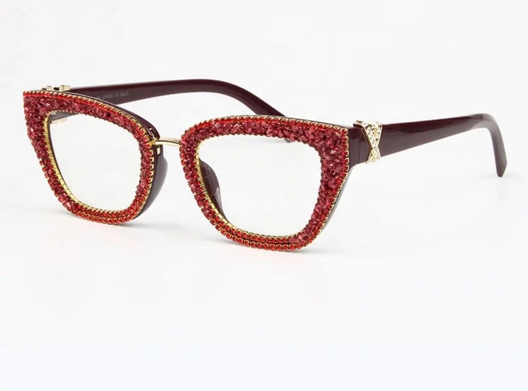 Cat Eye Rhinestone Glasses With Blue Light Blocking Lenses, Champagne ...