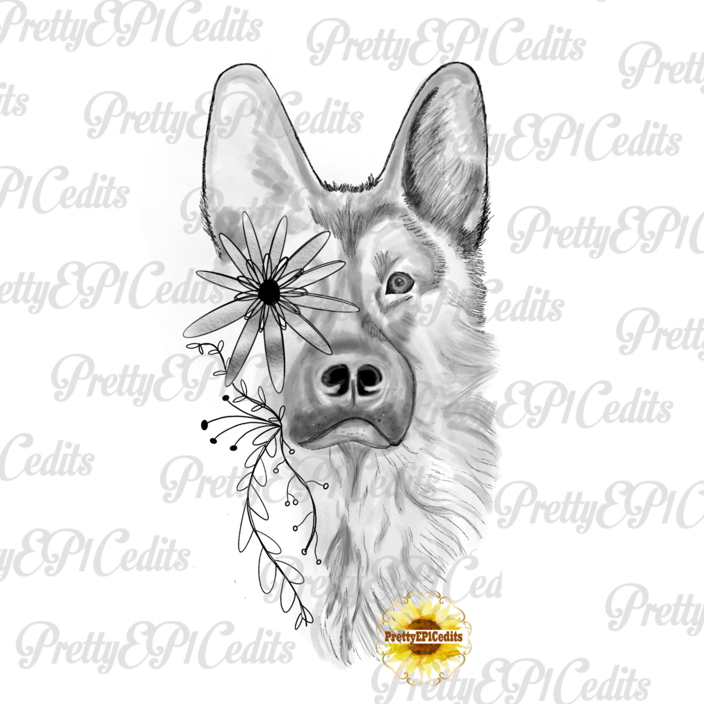 German Shepard Sketch Dog With Flowers Watercolor Dog Dog - Etsy