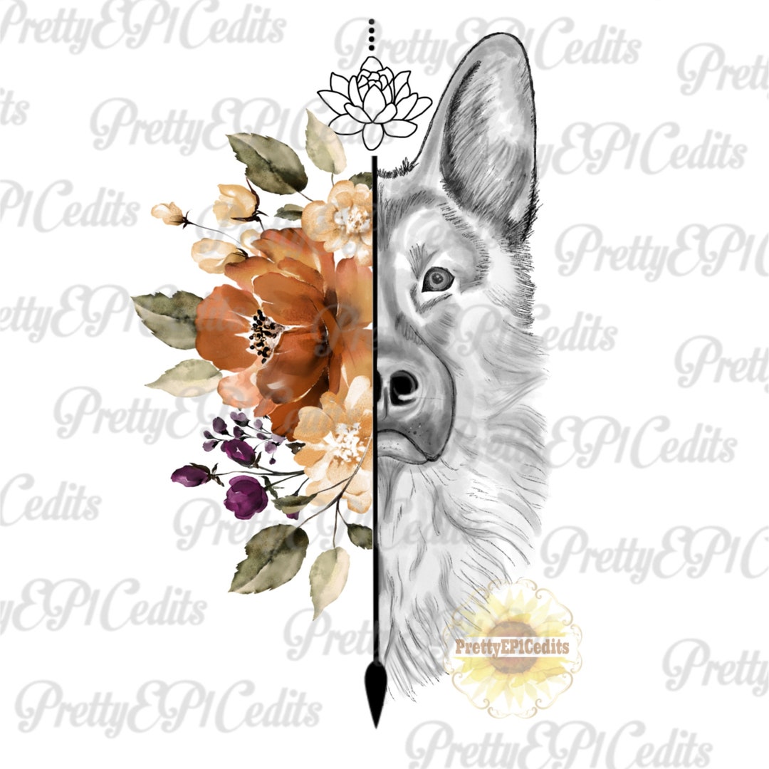 Half Face German Shepherd, Dog With Flowers, Half Dog Design, Dog and ...