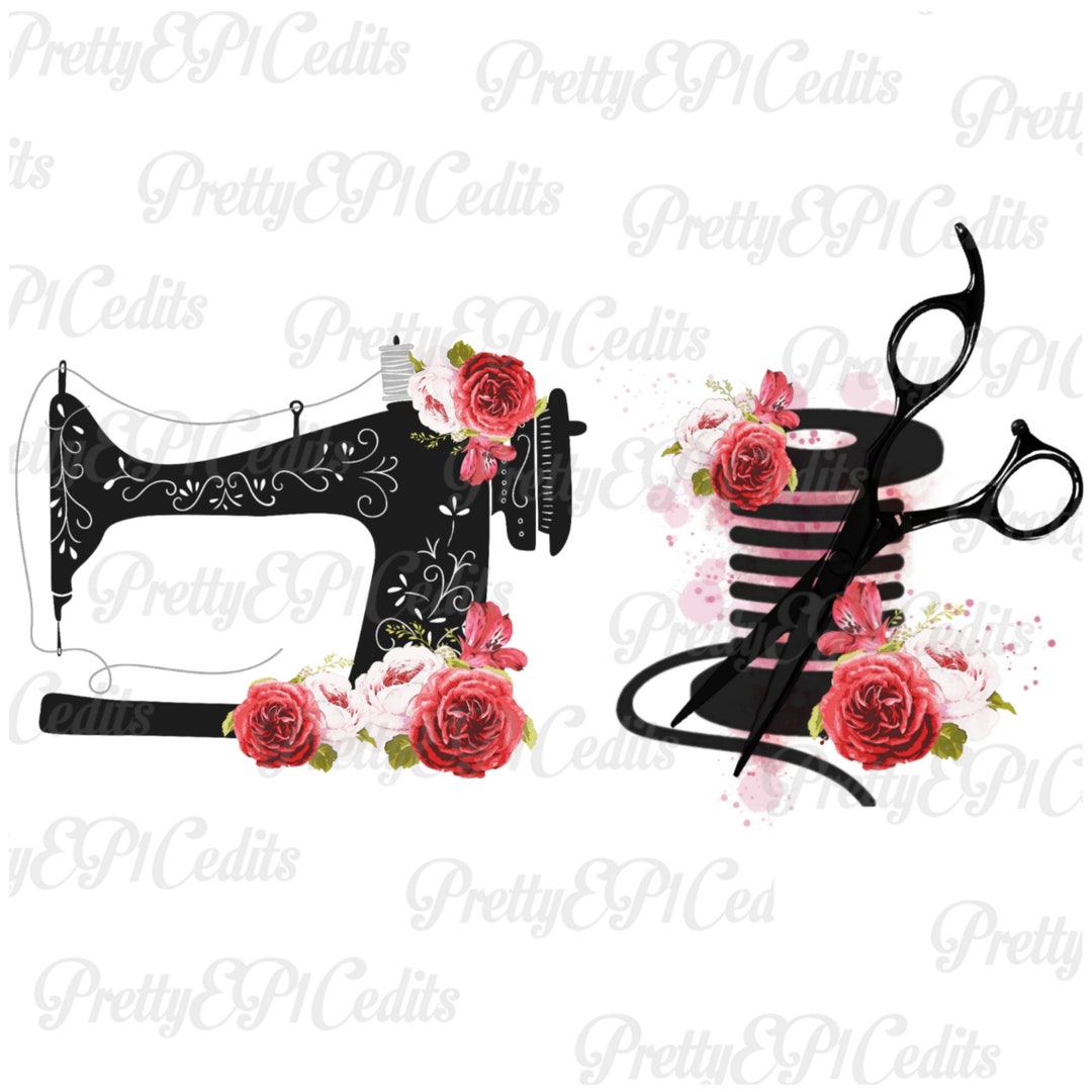 Vintage Sewing Machine, Bobbin and Scissors, 2 File PNG Bundle, Sewing ...