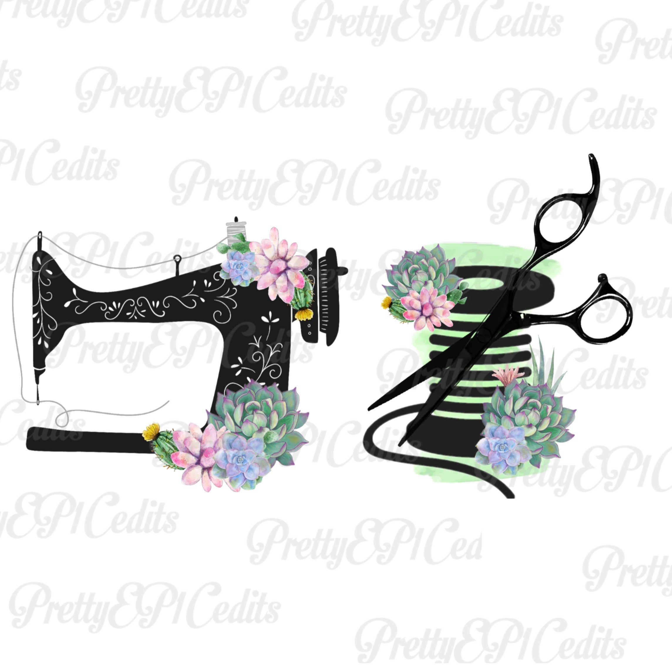 Vintage Sewing Machine, Bobbin and Scissors, 2 File PNG Bundle, Sewing ...