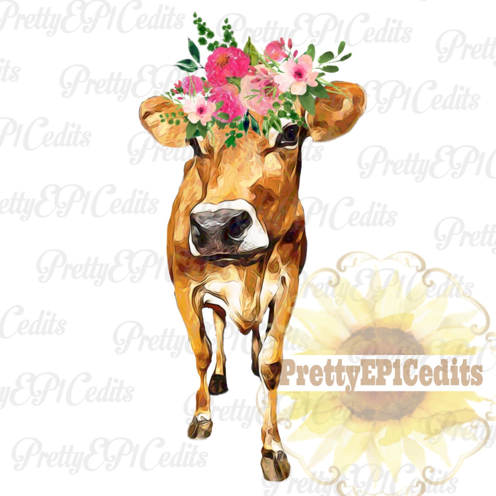 Jersey Cow, Watercolor Cow With Flowers, Baby Cow, Flower Crown, Brown ...