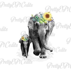 Elephant Family, Botanical Sunflower, Watercolor Elephant, Digital ...
