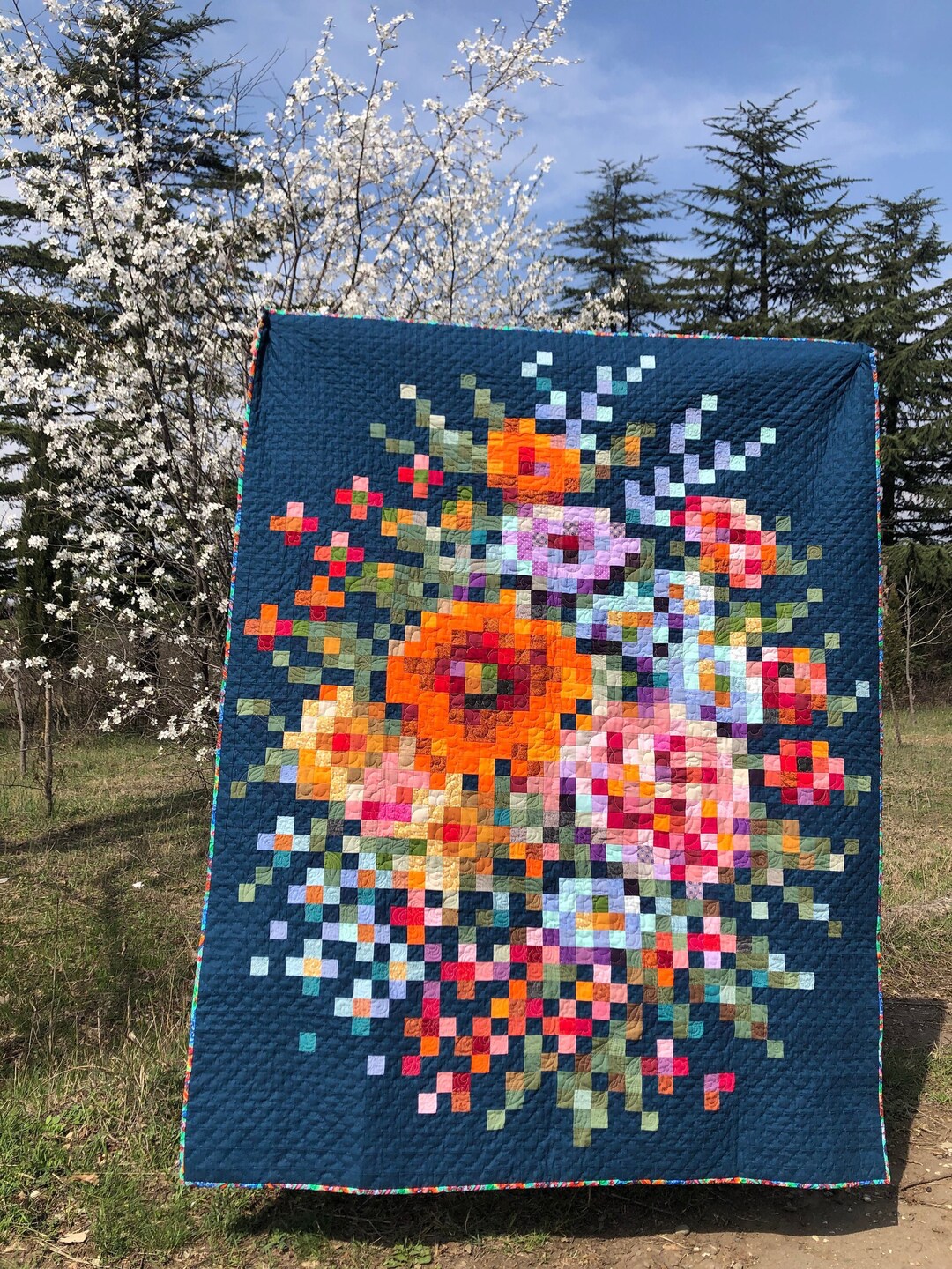 Slavic Style Quilt, Quilted Wall Hanging, Pink-orange Roses, Mothers ...