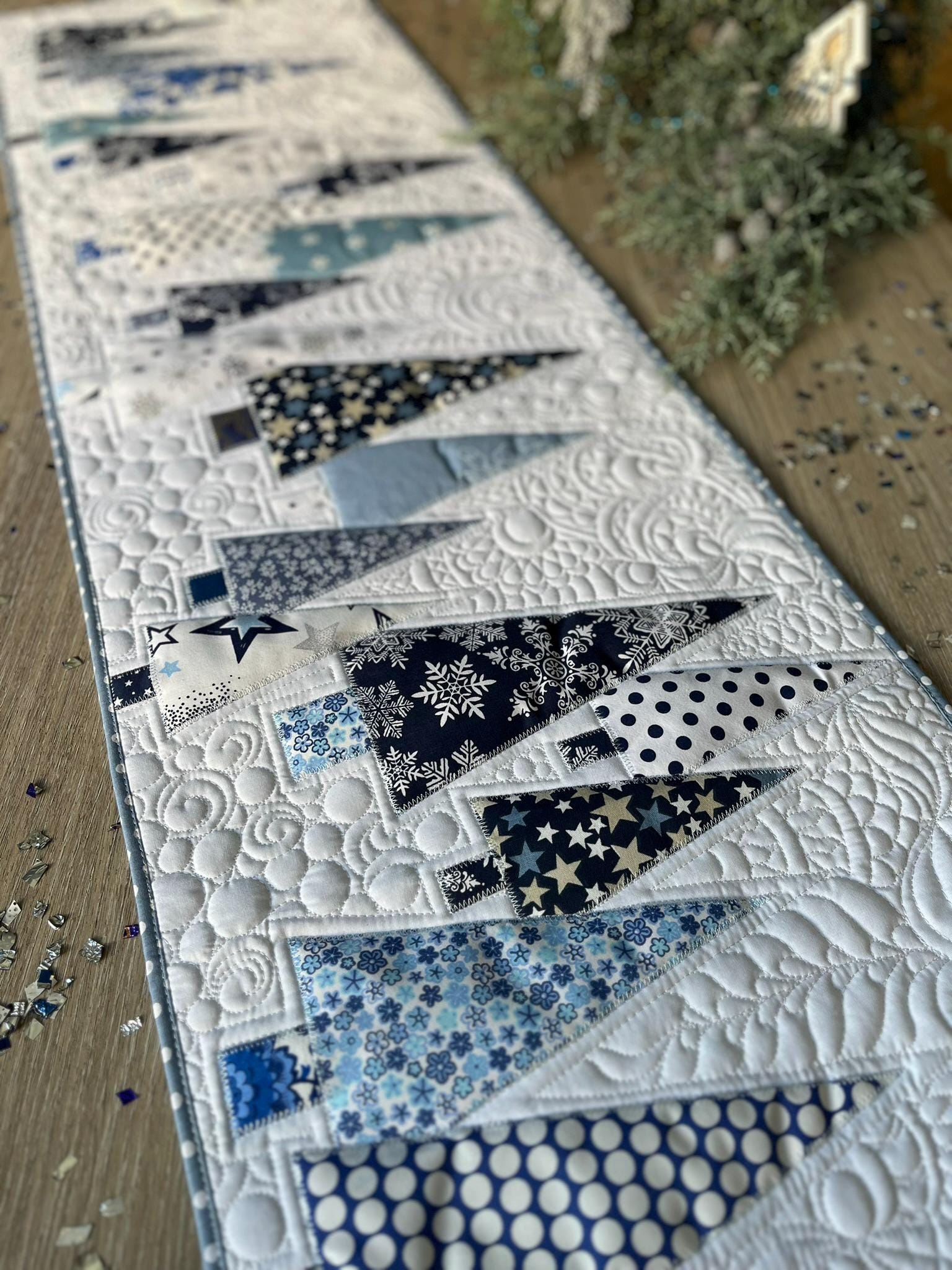 Winter Wonderland Quilted Table Runner: Blue Snowy Forest Decor, 16x54 ...