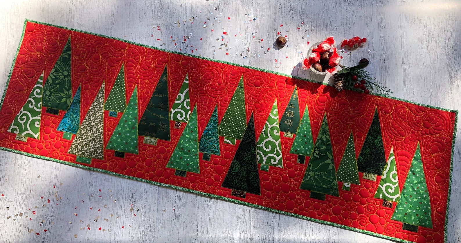 Quilted Christmas Green Trees Table Runner Xmas Quilted - Etsy