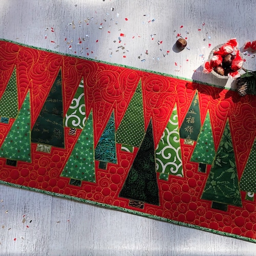 Quilted Christmas Green Trees Table Runner Xmas Quilted - Etsy
