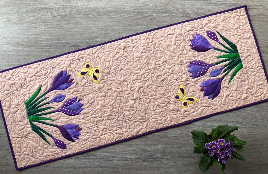 Mothers Day Quilted Table Runner, Violet Crocuses Topper, Valentines ...