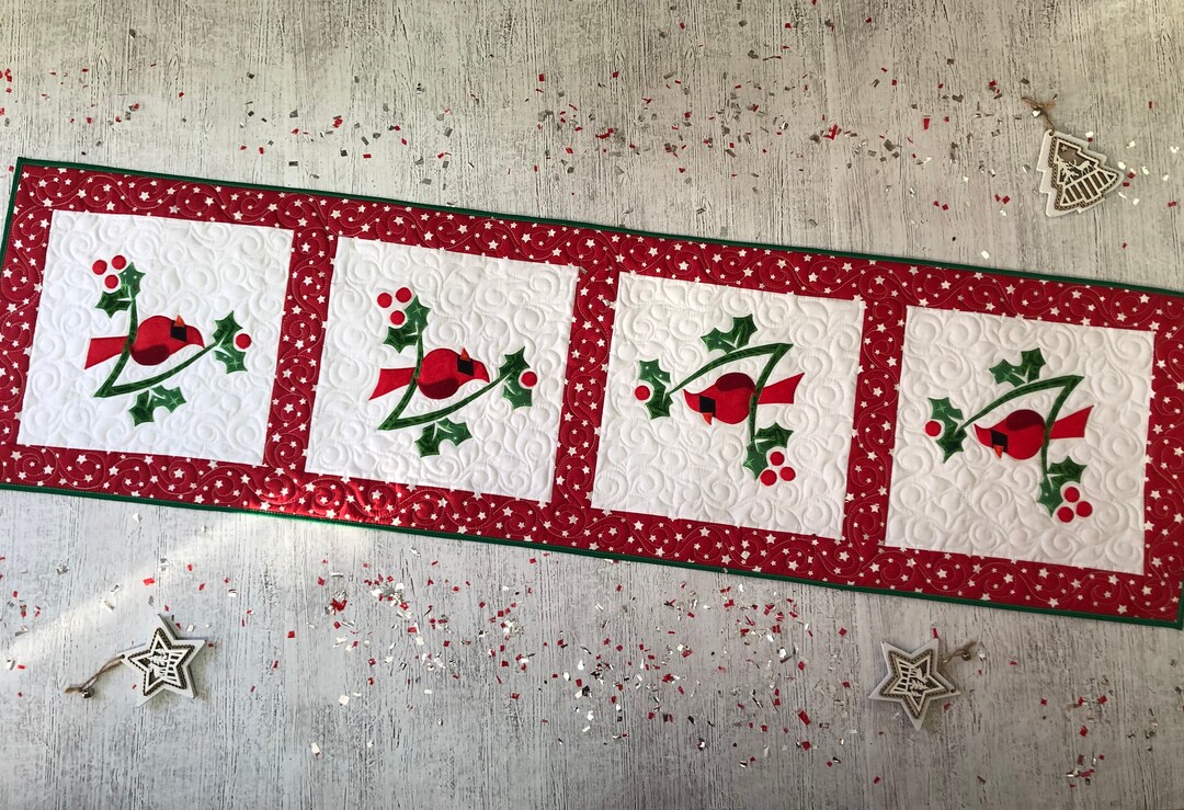 Quilted Christmas Table Runner With Red Cardinals – Handmade Appliqué ...