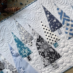 Winter Wonderland Quilted Table Runner: Blue Snowy Forest Decor, 16x54 ...
