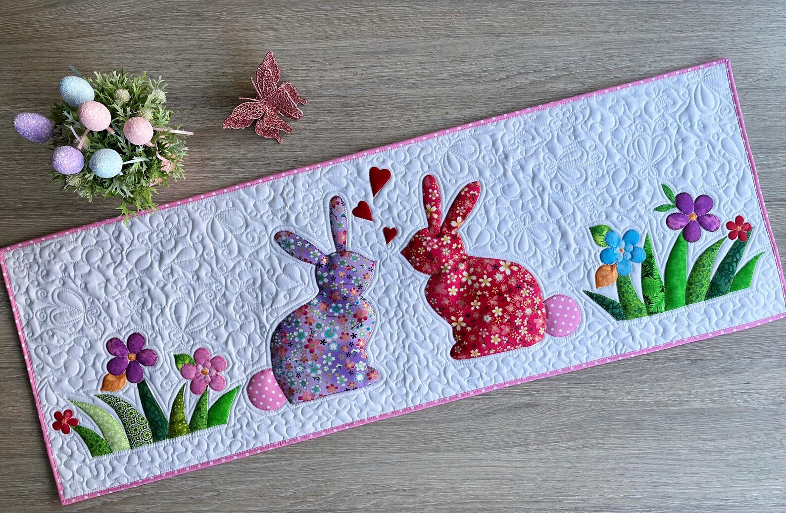 Handmade Easter Table Runner With Bunnies and Flowers, Appliqué and ...