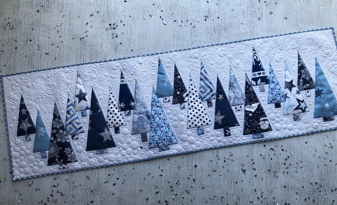Blue Christmas Tree Bright Table Runner Kit Precision Cut, Ready to Sew ...