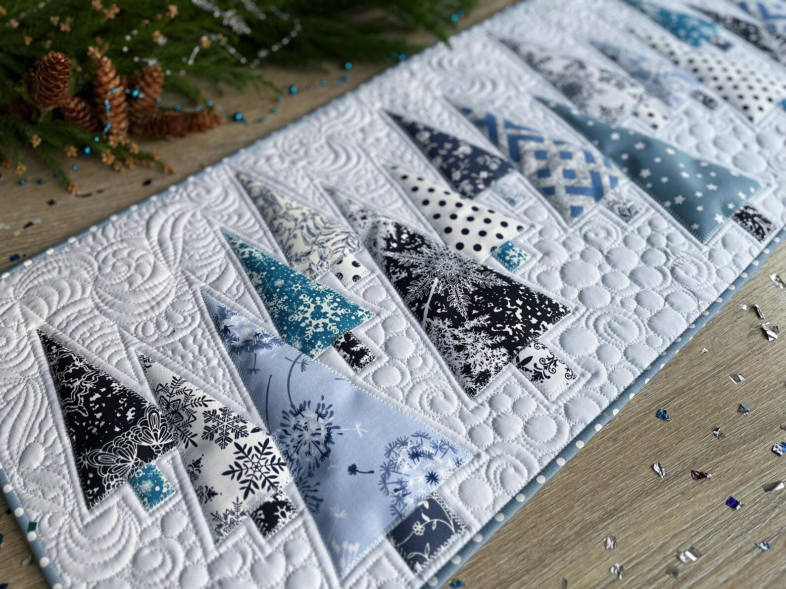 Winter Wonderland Quilted Table Runner: Blue Snowy Forest Decor, 16x54 ...